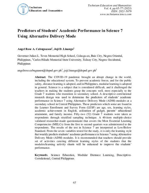 (PDF) Predictors of Students’ Academic Performance in Science 7 Using ...