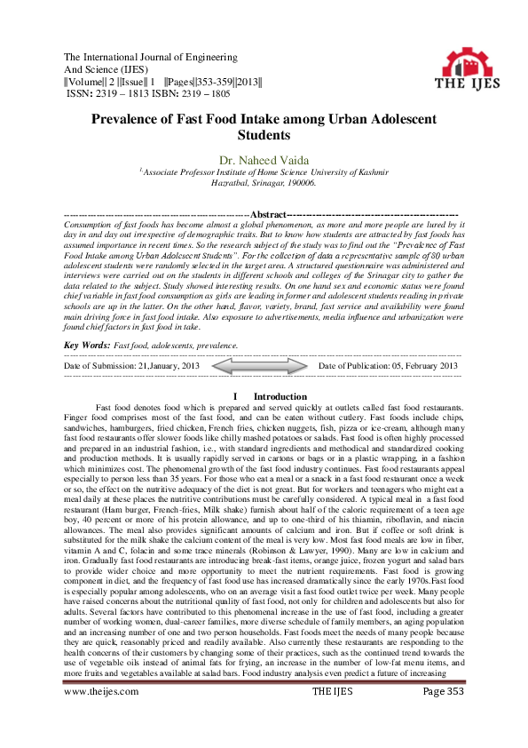 (PDF) Prevalence of Fast Food Intake among Urban Adolescent Students