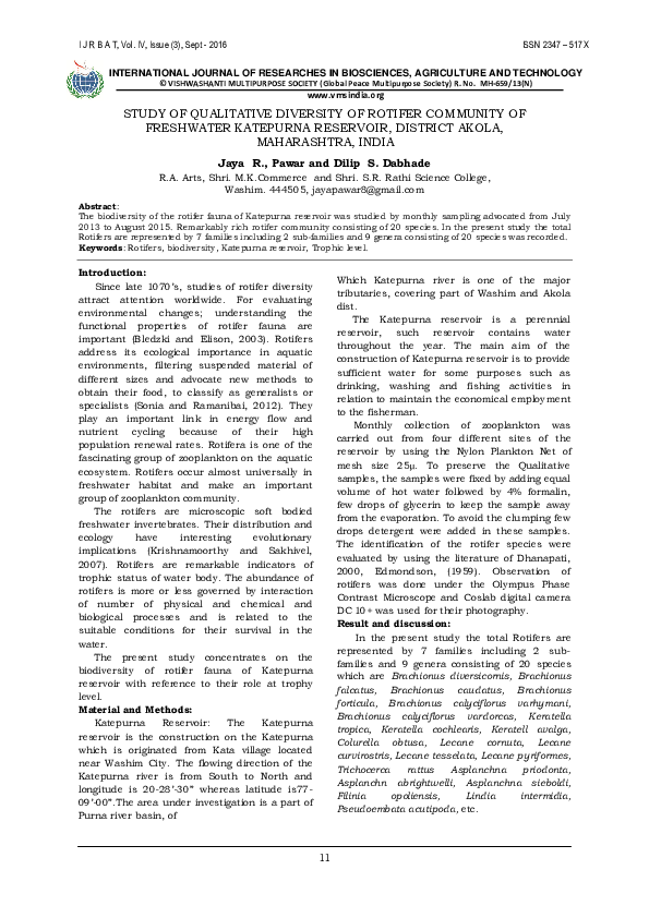 (PDF) Study of Qualitative Diversity of Rotifer Community of Freshwater ...