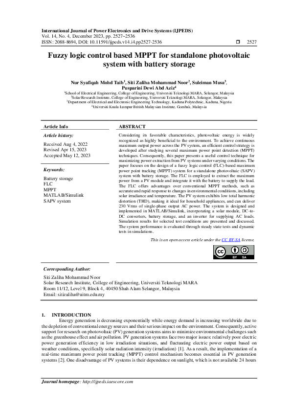(PDF) Fuzzy logic control based MPPT for standalone photovoltaic system with battery storage