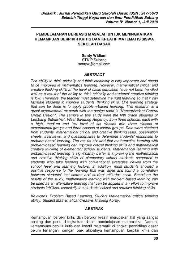 (PDF) Pembelajaran Berbasis Masalah Untuk Meningkatkan Kemampuan Berpikir Kritis Dan Kreatif ...