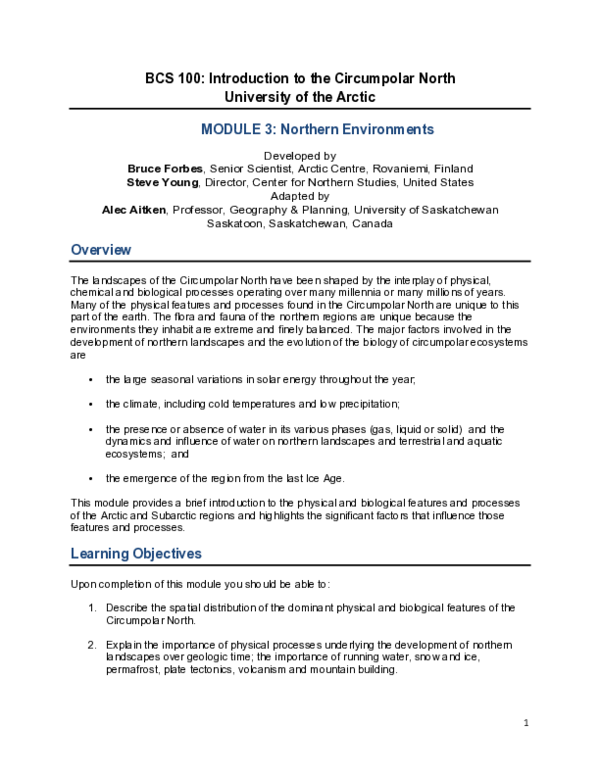 (PDF) BCS 100 Module 3: Northern Environments | Alec Aitken - Academia.edu