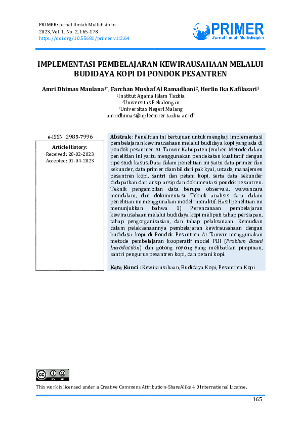 (PDF) Implementasi Pembelajaran Kewirausahaan Melalui Budidaya Kopi DI Pondok Pesantren