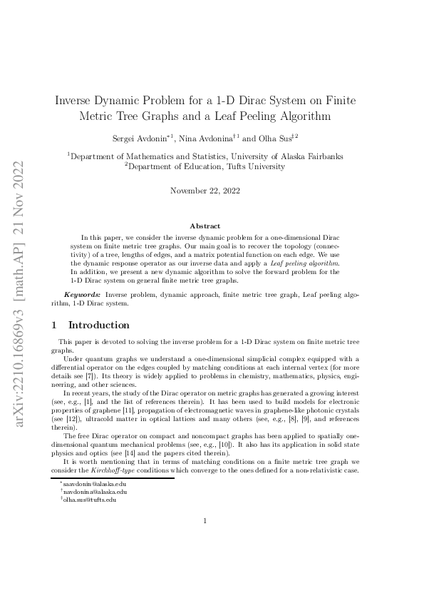 Pdf Inverse Dynamic Problem For A 1 D Dirac System On Finite Metric Tree Graphs And A Leaf