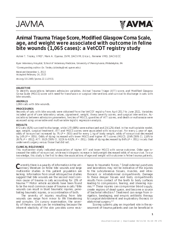 (PDF) Animal Trauma Triage Score, Modified Glasgow Coma Scale, age, and ...