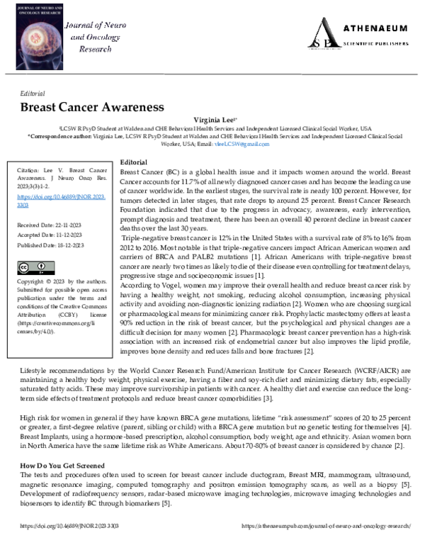 (PDF) Breast Cancer Awareness | Athenaeum Scientific Publishers | Open ...