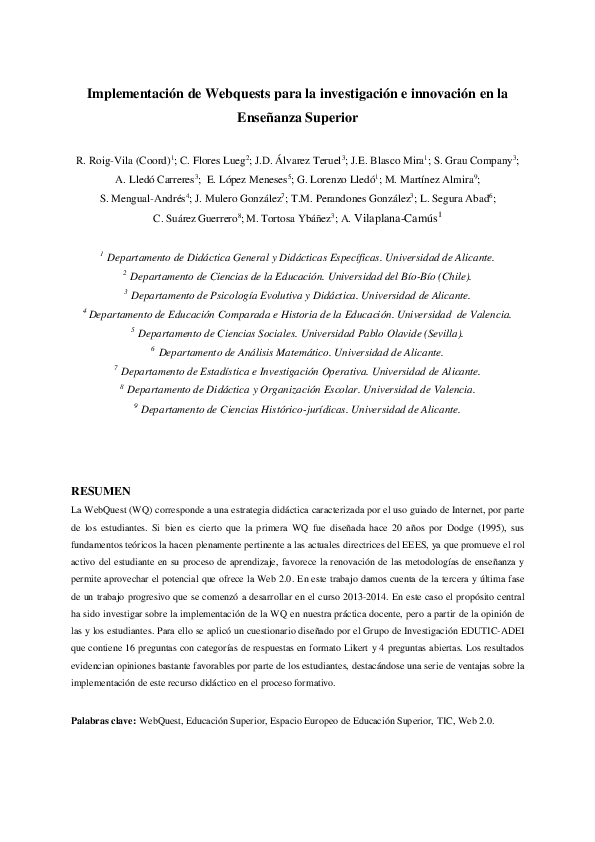 (PDF) Implementación de webquests para la investigación e innovación en la enseñanza superior