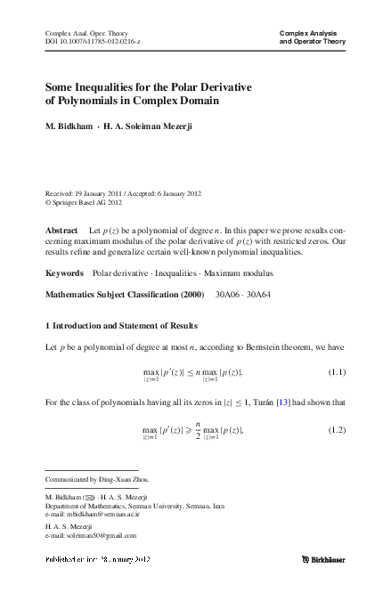 (PDF) Some Inequalities for the Polar Derivative of Polynomials in ...
