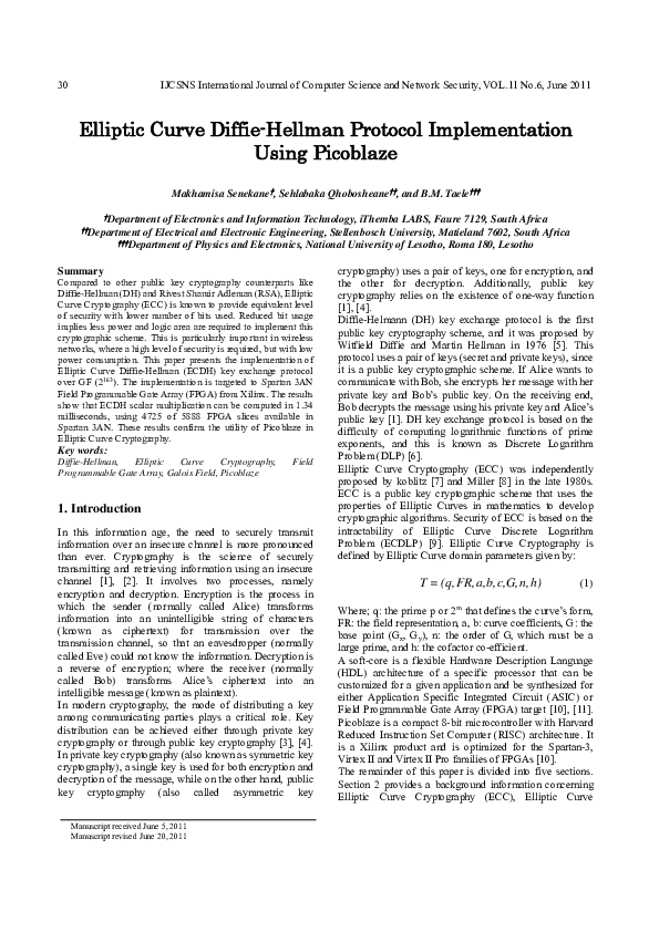 (PDF) Elliptic Curve Diffie-Hellman Protocol Implementation Using Picoblaze