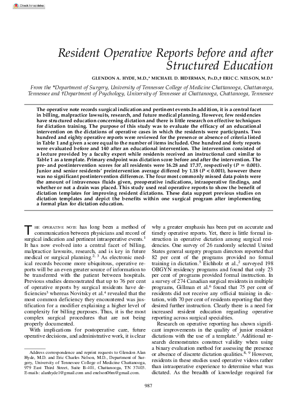 (PDF) Resident Operative Reports before and after Structured Education