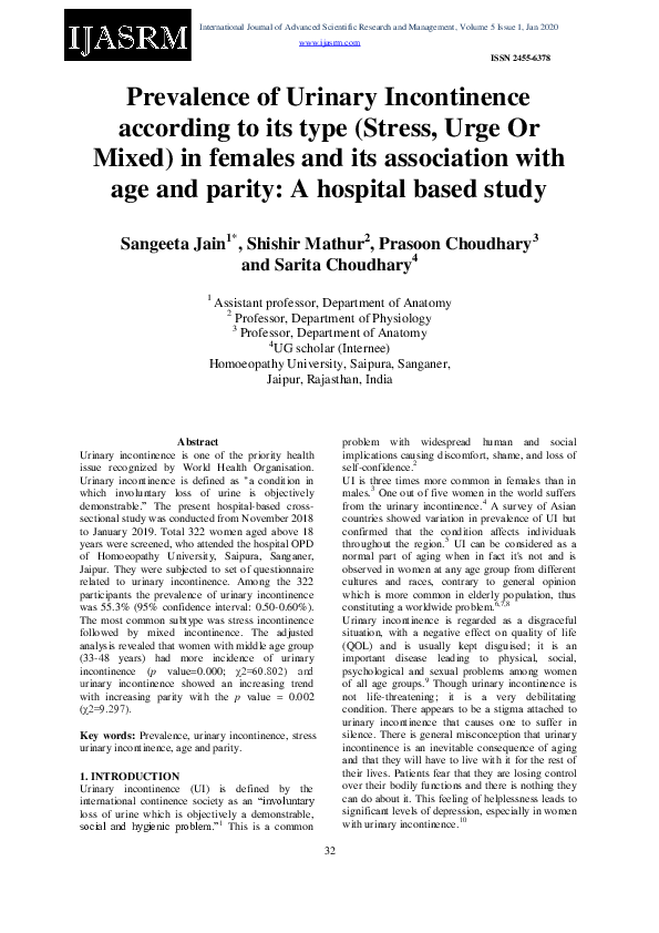 (PDF) Prevalence of Urinary Incontinence according to its type (Stress ...