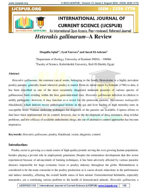 (PDF) Heterakis gallinarum-A Review