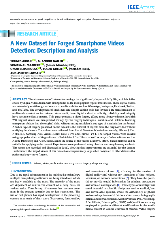 (PDF) A New Dataset for Forged Smartphone Videos Detection: Description ...