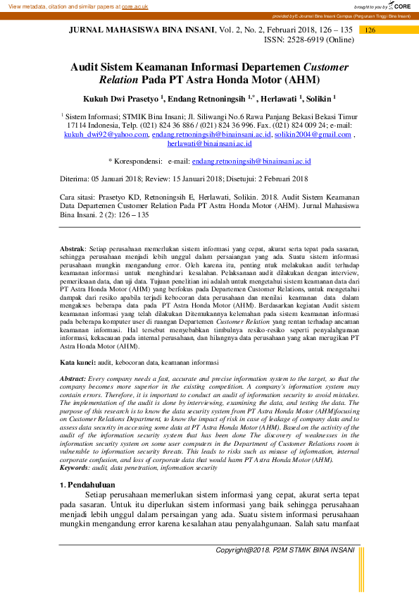 (PDF) Audit Sistem Keamanan Informasi Departemen Customer Relation Pada PT Astra Honda Motor (AHM)
