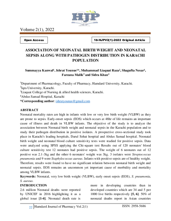 Pdf Association Of Neonatal Birth Weight And Neonatal Sepsis Along