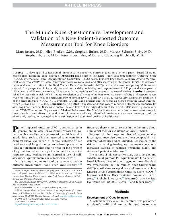 (PDF) The Munich Knee Questionnaire: Development and Validation of a ...