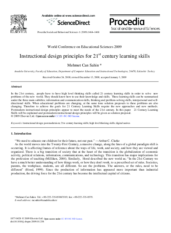 (PDF) Instructional design principles for 21st century learning skills