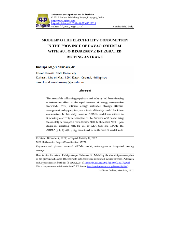 (PDF) Modeling the Electricity Consumption in the Province of Davao Oriental with Auto ...