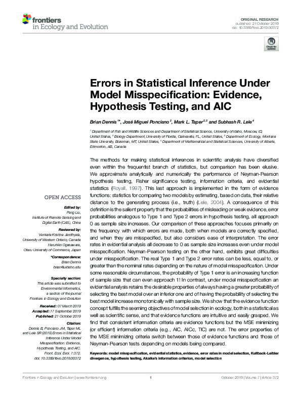 Pdf Errors In Statistical Inference Under Model Misspecification Evidence Hypothesis Testing