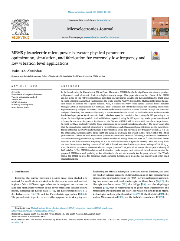 (PDF) MEMS piezoelectric micro power harvester physical parameter ...