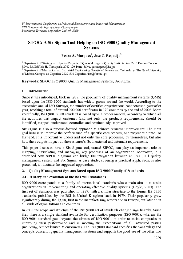 (PDF) SIPOC: A Six Sigma Tool Helping on ISO 9000 Quality Management Systems