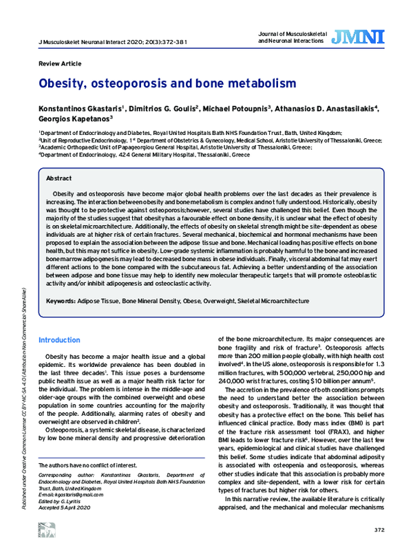 (PDF) Obesity, osteoporosis and bone metabolism | Athanasios Anastasilakis - Academia.edu
