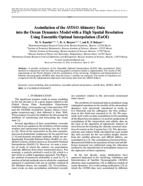 (PDF) Assimilation of the AVISO Altimetry Data into the Ocean Dynamics Model with a High Spatial ...