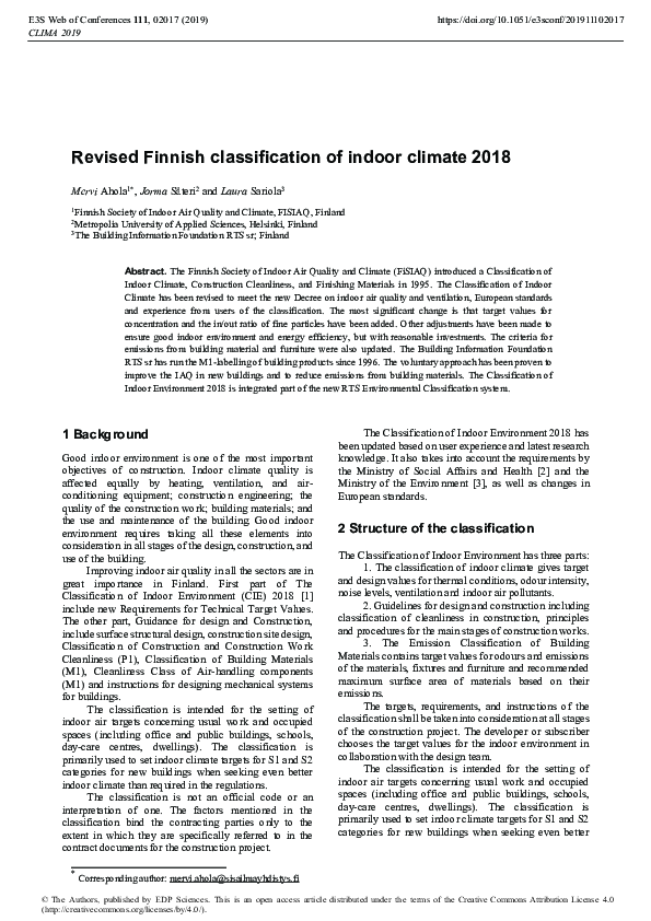(PDF) Revised Finnish classification of indoor climate 2018 | Laura ...