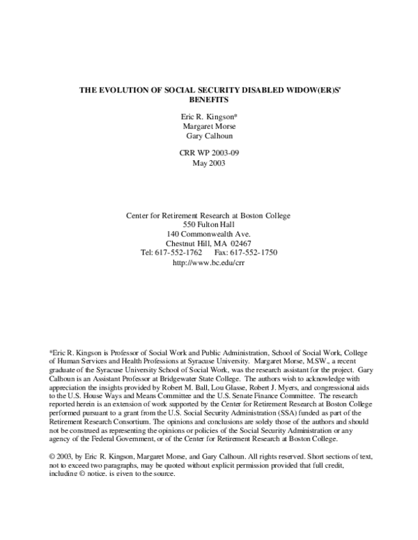 (PDF) The Evolution of Social Security Disabled Widow(ER)S' Benefits