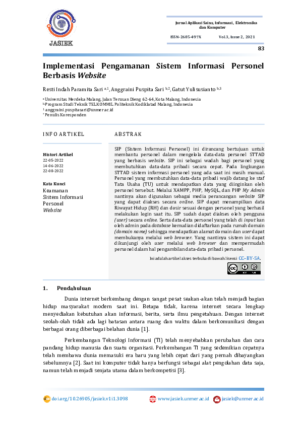 (PDF) Implementasi Pengamanan Sistem Informasi Personel Berbasis ...