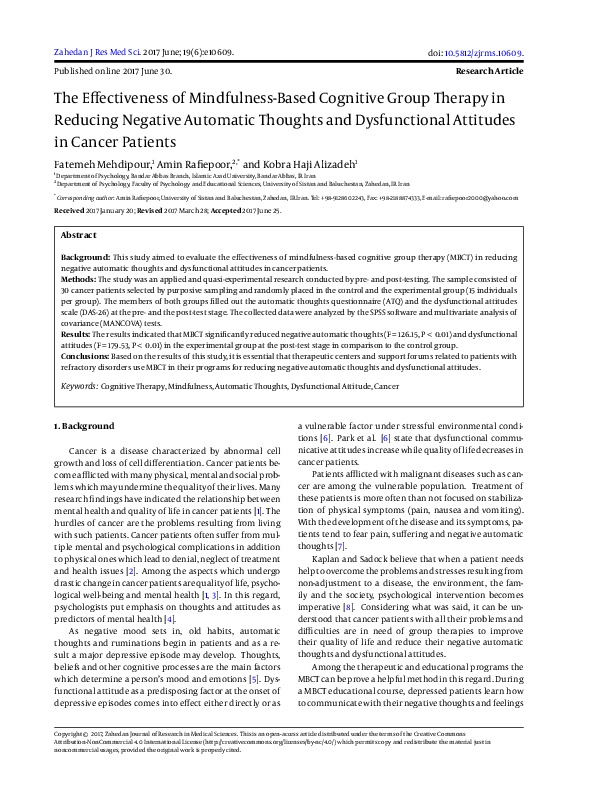 (PDF) Effectiveness of Mindfulness-based Cognitive Therapy on Physical Self-Description and ...