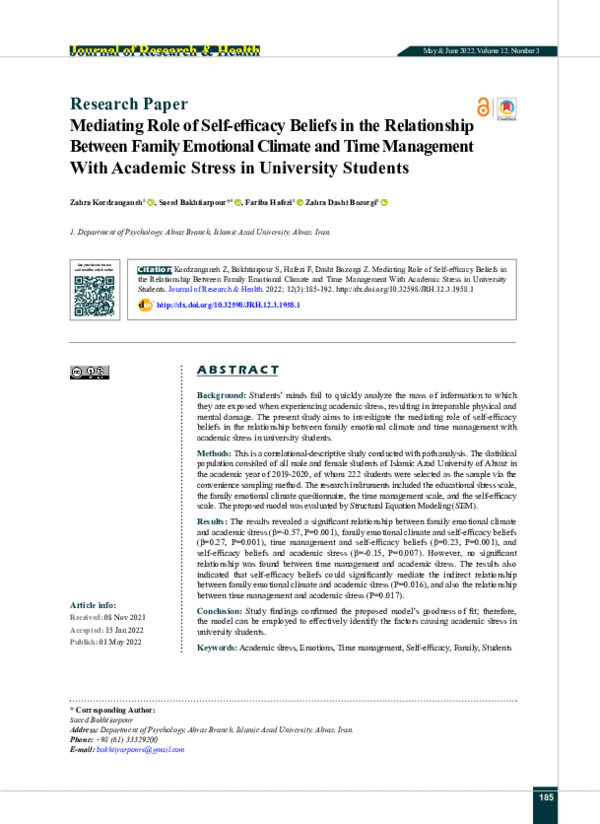 (PDF) Mediating Role of Self-efficacy Beliefs in the Relationship Between Family Emotional ...