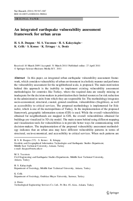 (PDF) An integrated earthquake vulnerability assessment framework for urban areas | Semih ...