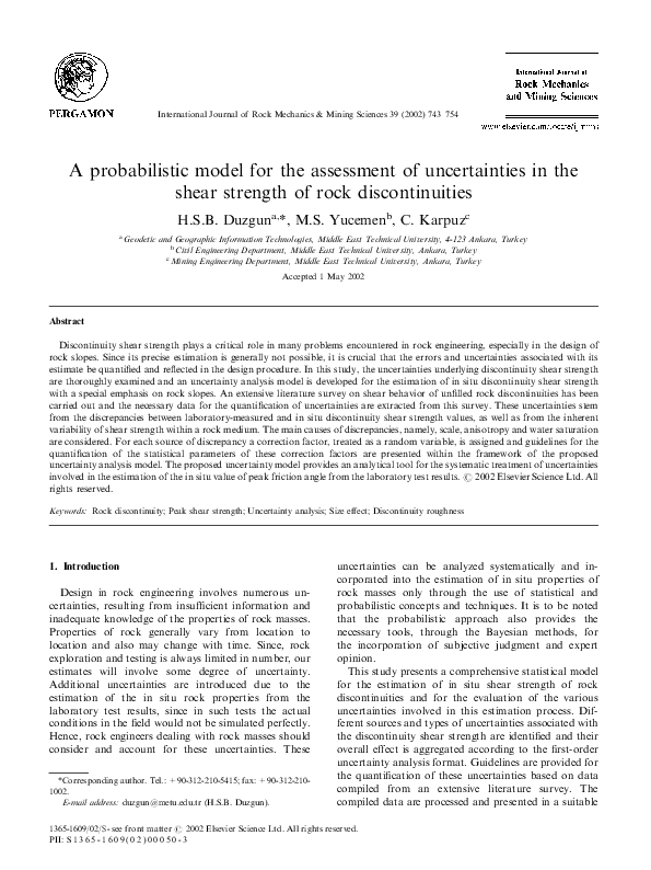 (PDF) A probabilistic model for the assessment of uncertainties in the shear strength of rock ...