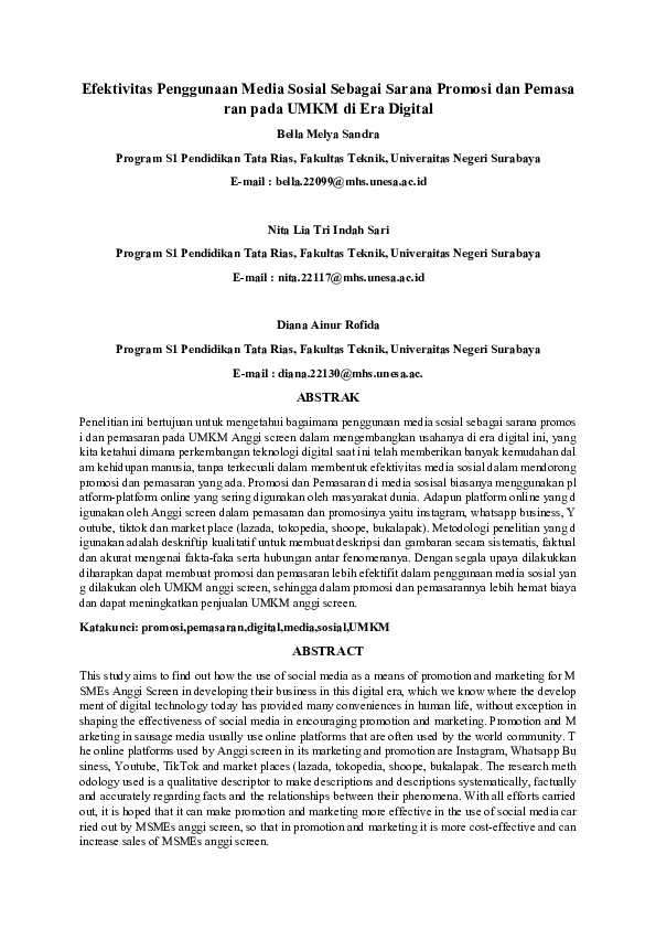 (DOC) Efektivitas Penggunaan Media Sosial Sebagai Sarana Promosi dan Pemasaran pada UMKM di Era ...