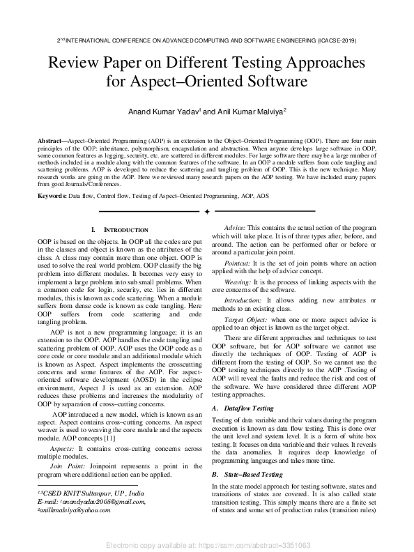Pdf Review Paper On Different Testing Approaches For Aspect Oriented