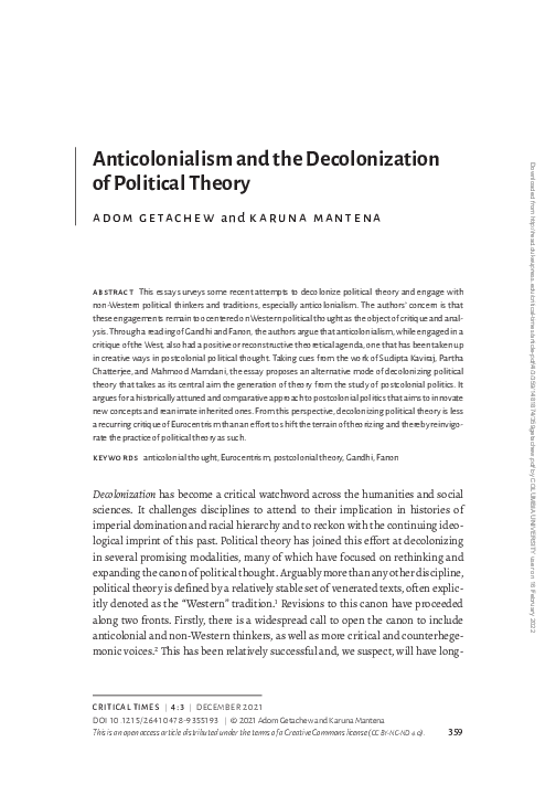 (PDF) Anticolonialism and the Decolonization of Political Theory
