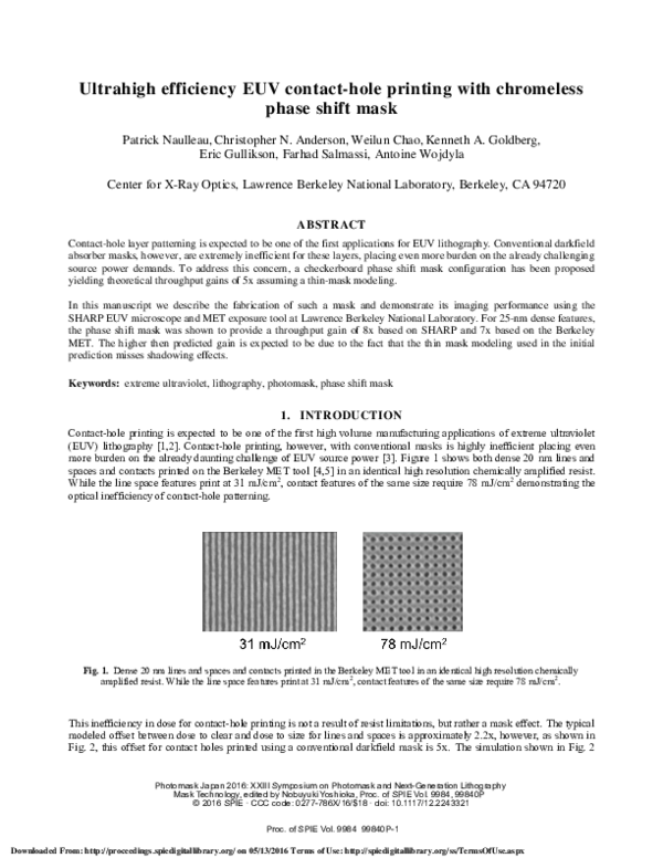 (PDF) Ultrahigh efficiency EUV contact-hole printing with chromeless ...