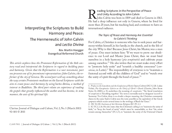 (PDF) Interpreting the Scriptures to Build Harmony and Peace: The Hermeneutic of John Calvin and ...