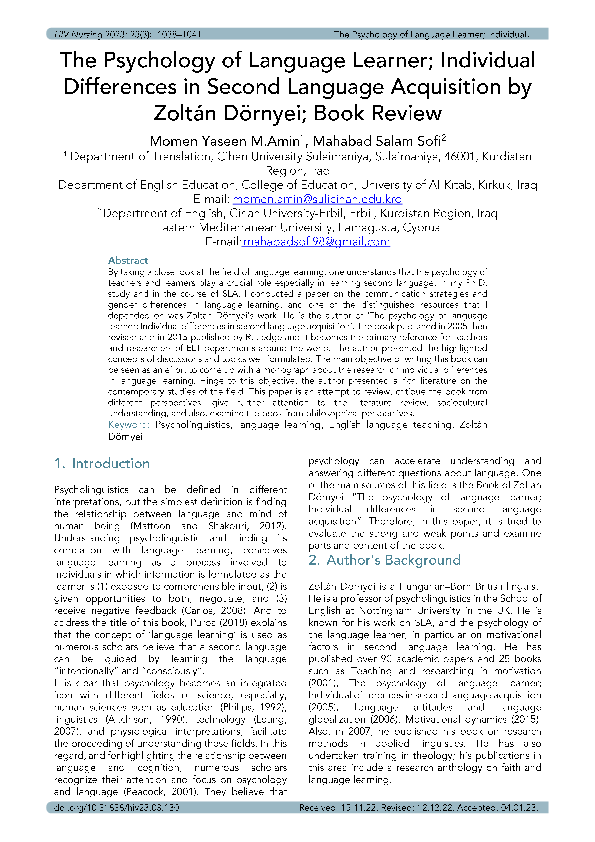 (PDF) The Psychology of Language Learner; Individual Differences in Second Language Acquisition ...