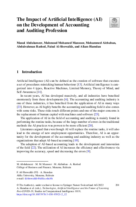 (PDF) The Impact of Artificial Intelligence (AI) on the Development of Accounting and Auditing ...