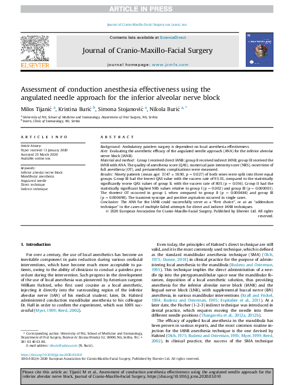 (PDF) Assessment of conduction anesthesia effectiveness using the ...