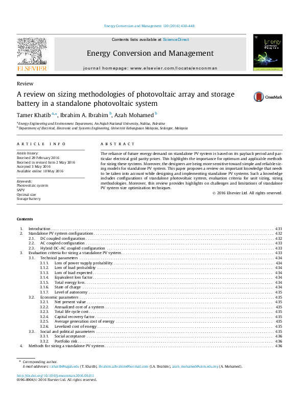 (PDF) A review on sizing methodologies of photovoltaic array and storage battery in a standalone ...