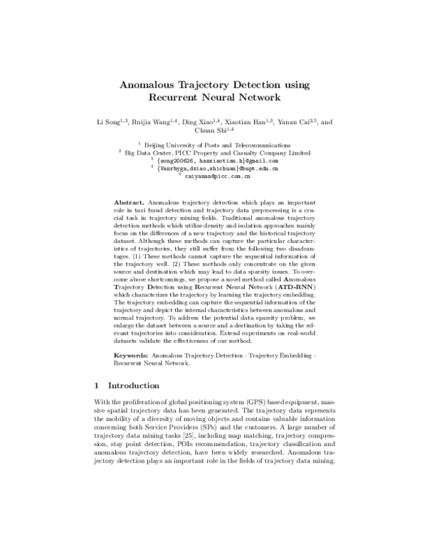 Pdf Anomalous Trajectory Detection Using Recurrent Neural Network