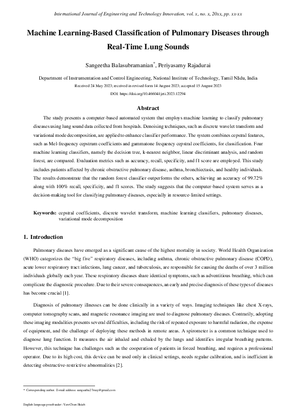 Pdf Machine Learning Based Classification Of Pulmonary Diseases Through Real Time Lung Sounds