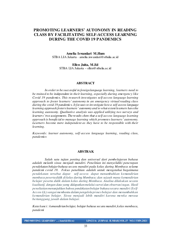 (PDF) Promoting Learner Autonomy in a Reading Class by Facilitating Self-Access Learning During ...