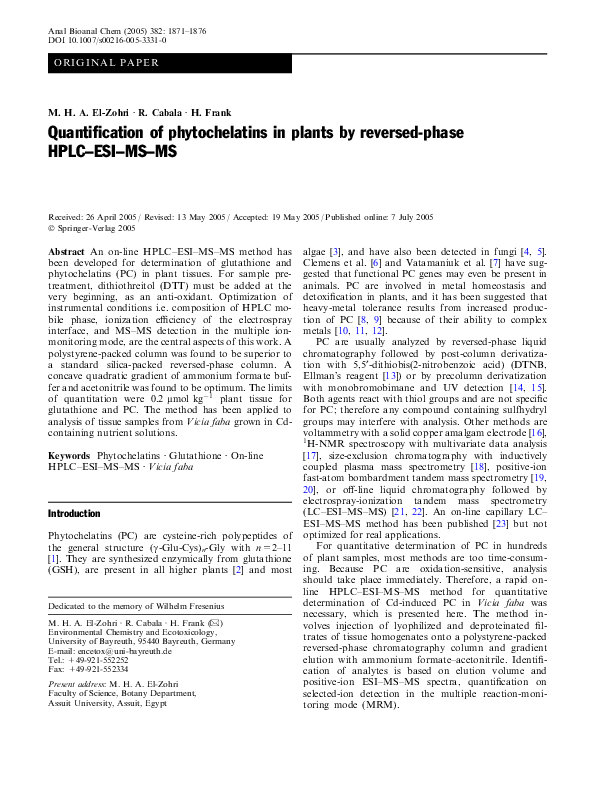 (PDF) Quantification of phytochelatins in plants by reversed-phase HPLC–ESI–MS–MS