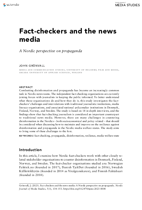 (PDF) Fact-checkers and the news media: A Nordic perspective on propaganda