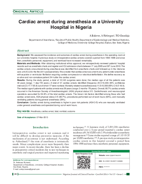 (PDF) Cardiac arrest during anesthesia at a university Hospital in ...