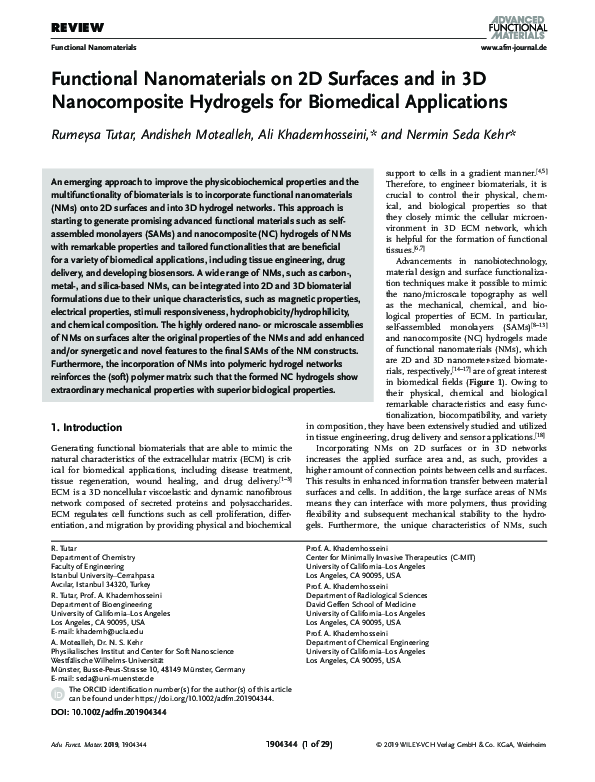 (PDF) Functional Nanomaterials on 2D Surfaces and in 3D Nanocomposite Hydrogels for Biomedical ...